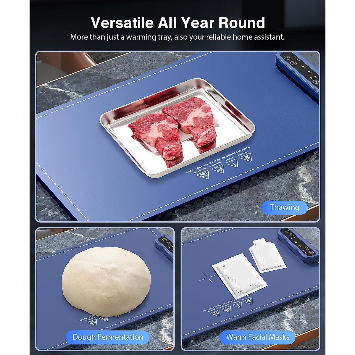 Electric Warming Tray - Full Surface Heating,Rollable & Portable - 3 Temperature Settings & Fast Heating，Food Warmer Rolling Silicone Mat for Gatherings,Parties, Buffet,Everyday Use (Blue)