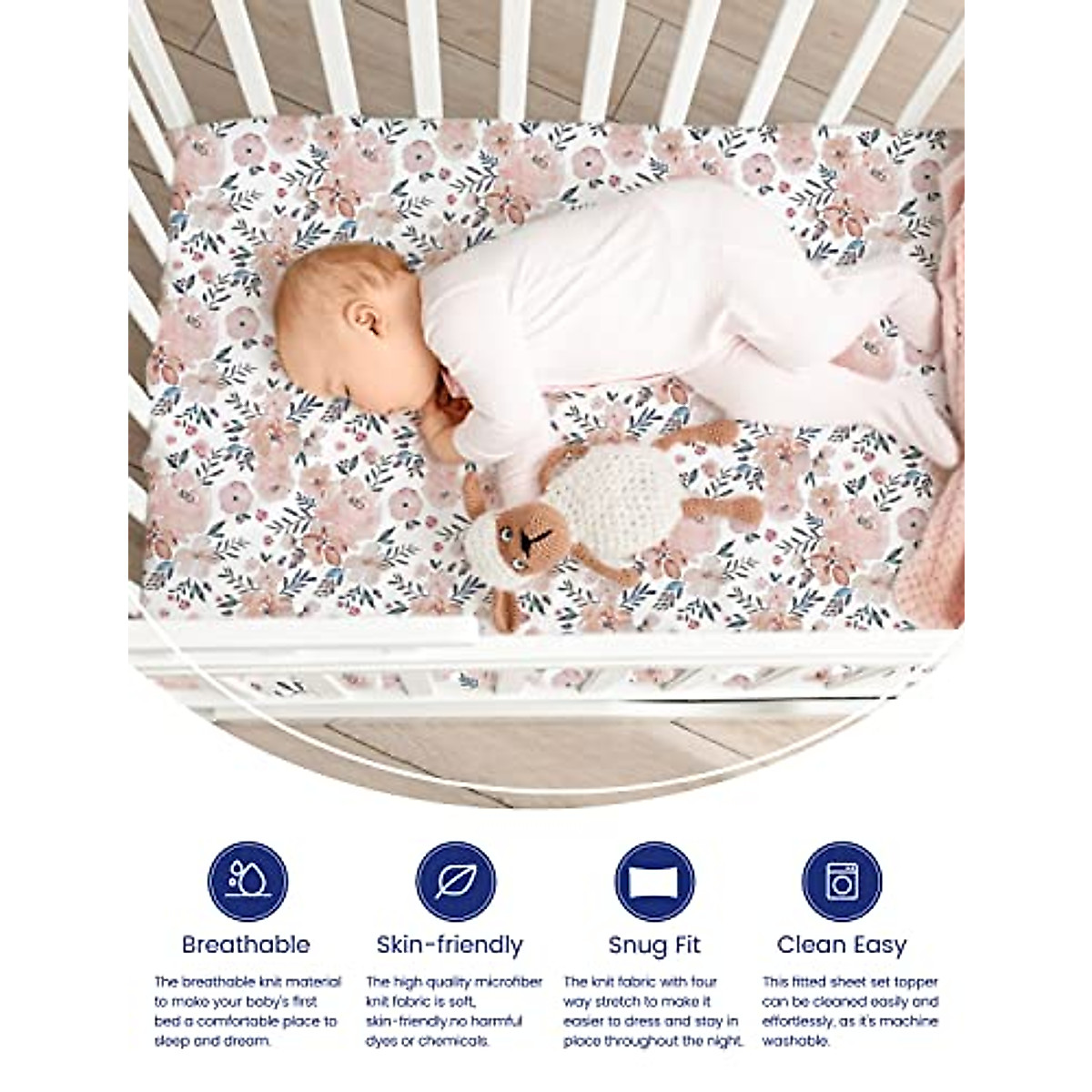 TotAha Premium Stretchy Crib Sheets (2-Pack)-Hypoallergenic, Silky Comfort, Buttery Soft, Calming Effect, All-Season Jersey-Knit Sheets, 9'' Extra Deep Pocket(Meredith Allover Floral & Pale Pink)