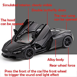 Alloy Collectible Black McLaren 720s Toy Vehicle Pull Back DieCast Car Model with Lights and Sound