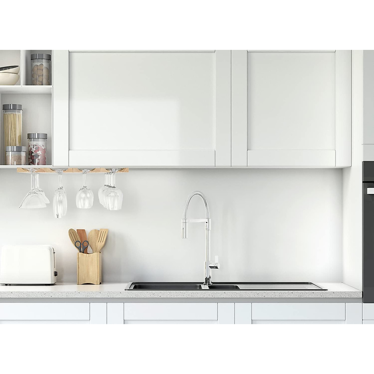 Rustic State Vigo 4 Sectional Adjustable Under Cabinet Mount Wood Stemware Rack Hanging Shelf Glassware Holder Bar Organizer with up to 12 Wine Glass Storage 11 Inch Deep Natural