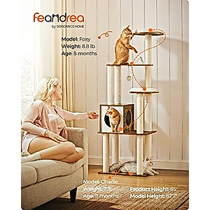 Feandrea WoodyWonders Cat Tree, 65-Inch Modern Cat Tower for Indoor Cats, Multi-Level Cat Condo with 5 Scratching Posts, Perch, Washable Removable Cushions, Cat Furniture, Rustic Brown UPCT166X01