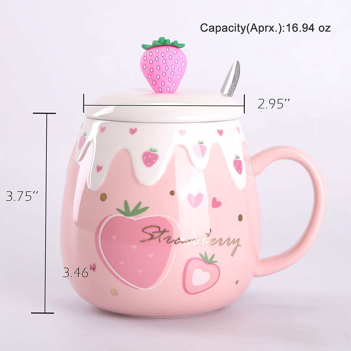 WHJY Pink Female Coffee Cup Mug, Strawberry Korean Lovely Student Ceramic Breakfast Cup with Lid and Spoon – 450ml/15oz, Pink D