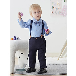 SALNIER Toddler Dress Suit Baby Boys Clothes Sets Bowtie Shirts + Suspenders Pants 3pcs Gentleman Outfits Suits 6 Month - 6 Years (Blue005 3T)