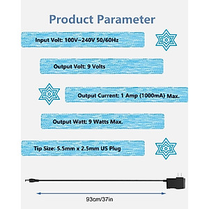 9V DC Power Supply 1A 9V Power Adapter, DC 9V Power Cord Transformer, 9Volt 1000mA AC/DC Adapter, 5.5mm x 2.5mm US Plug [The Polarity of Output tip: Inner Positive (+), Outer Negative (-)]