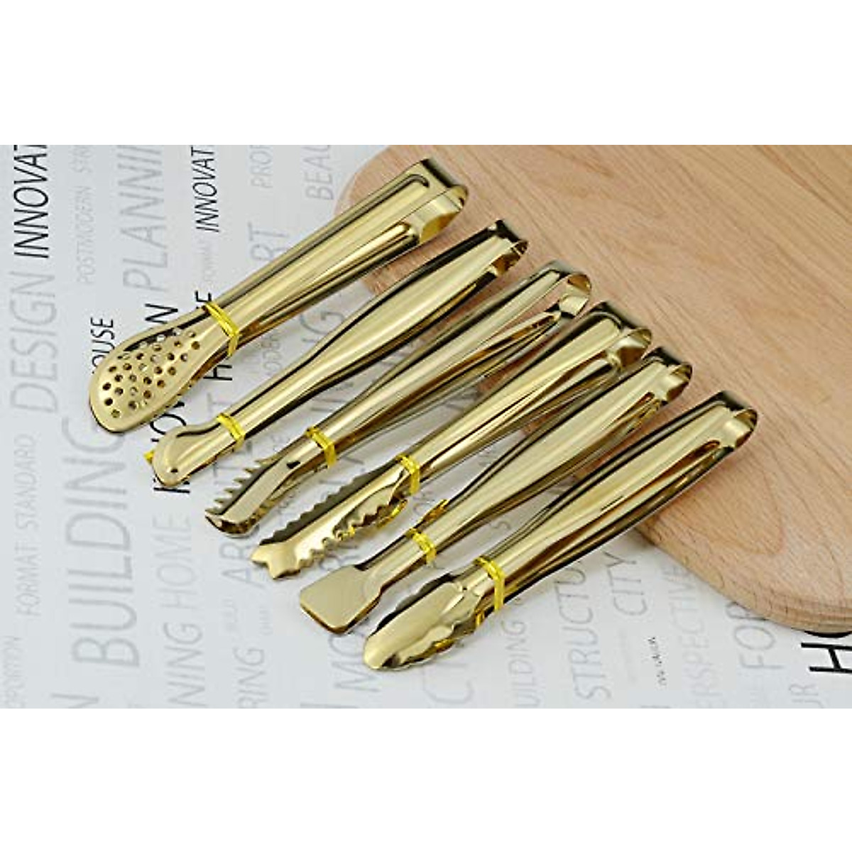 HINMAY Gold Plated Mini Serving Tongs Set 6-Inch Appetizers Tongs Stainless Steel Small Sugar Cube Tongs Ice Tongs, Set of 6