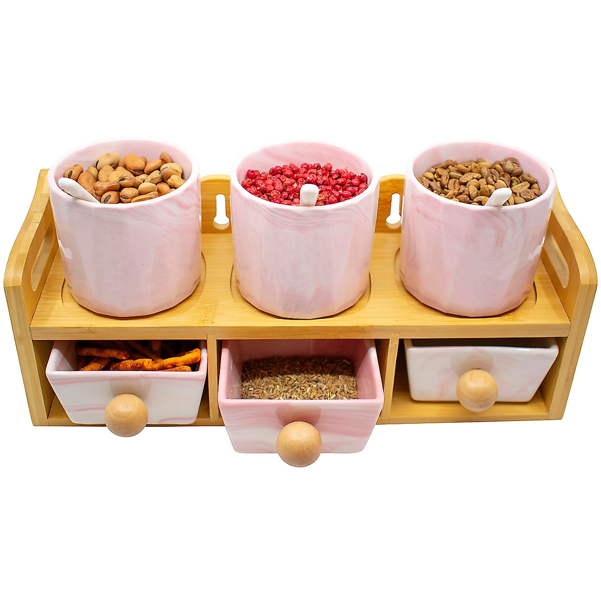 Stephanie Imports Set of 6 Tiered Marble Ceramic Condiment Spice Jars & Drawers With Spoons, Bamboo Lids and Rack (Pink)