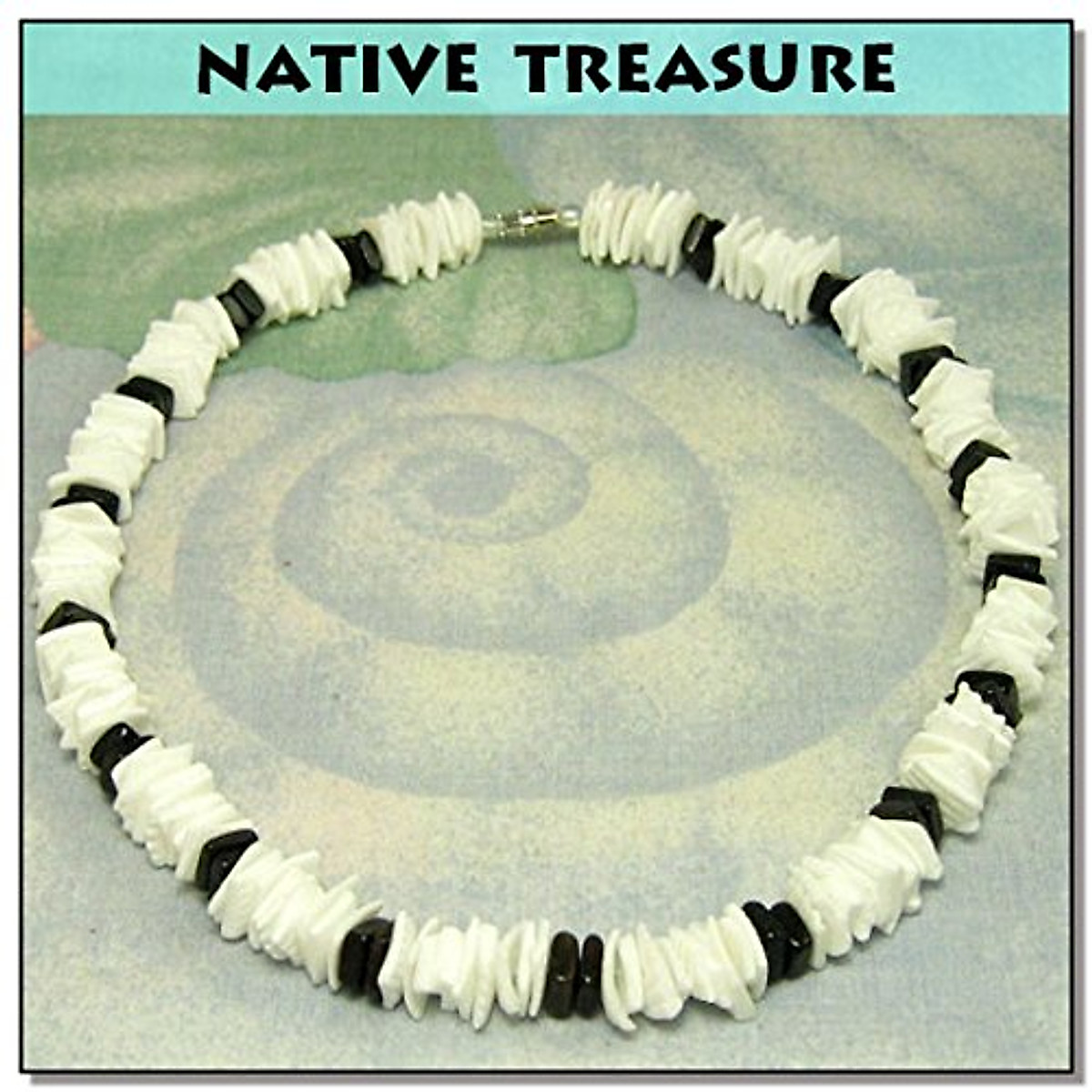 Native Treasure 16" Mens and Womens Summer Beach Surfer Necklace From the Philippines, White Rose Clam Chips Ark Shells with Real Black Clam Chips Accents