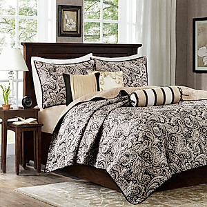 Madison Park Quilt Traditional Damask Design All Season, Lightweight Coverlet Bedspread Bedding Set, Matching Shams, Pillows, Full/Queen(90"x90"), Black