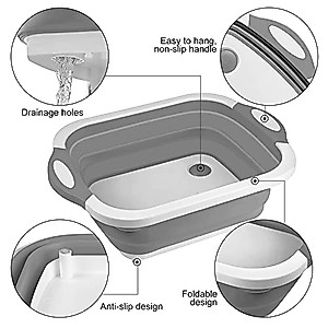 Collapsible Cutting Board, HI NINGER Chopping Board with Towel Kitchen Foldable Camping Dishes Sink Space Saving 3 in 1 Multifunction Storage Basket for BBQ Prep/Picnic/Camping (Grey)