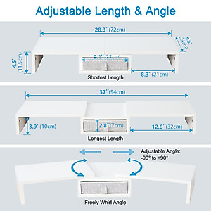 TEAMIX White Dual Monitor Stand Riser with Drawer - Length and Angle Adjustable Double Corner Desk Shelf Organizer 37 inch Long for 2 Laptop/PC/Screen/TV