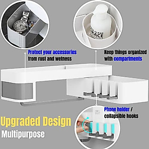 About Casa Wall Adhesive Shower Organizer, White and Grey Corner Shower Caddy, 2 Racks with drawer, hooks and towel bar, Large Storage Shelves for inside shower, bathroom
