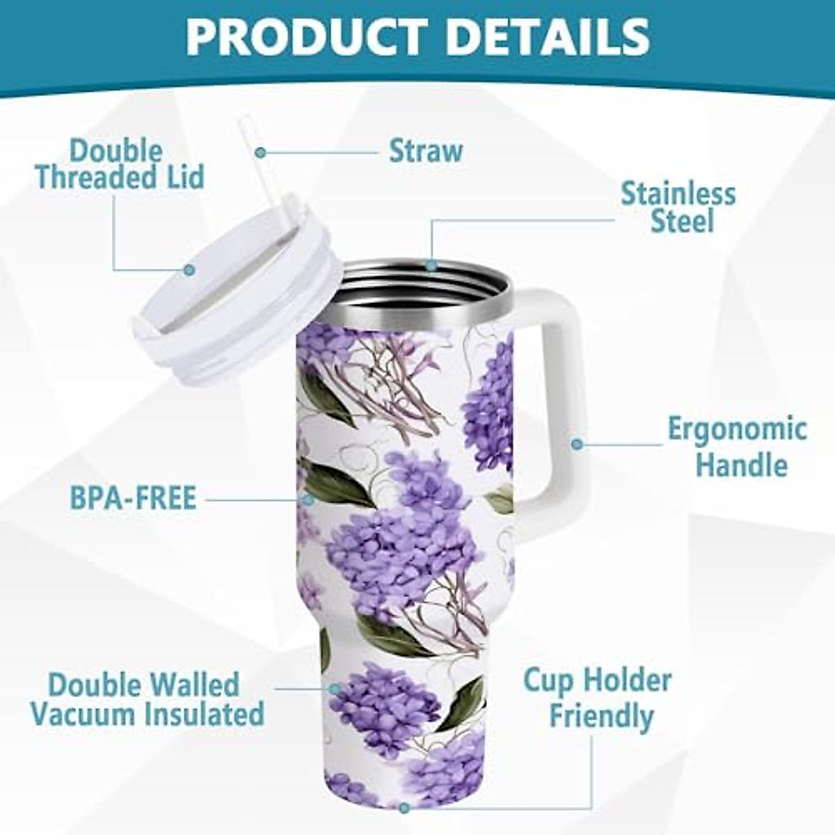 RPLIFE Purple Lilac Flowers Stainless Steel Coffee Mug, Insulated Coffee Mug with Lid, Coffee Tumbler for Women