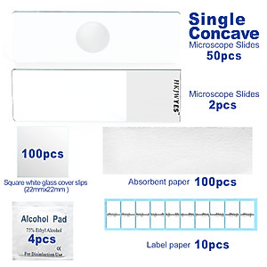 HKJWYES Depression Concave Microscope Slides Kit, 50 Pcs Pre-Cleaned Microscope Slides and 100 Pcs Square Coverslips Cover Glass for Monocular Binocular Trinocular Microscopes (Single Concave Slides)