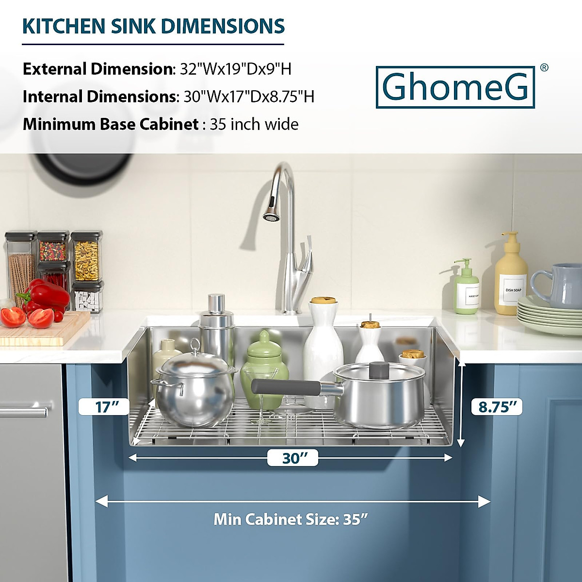 32x19 Undermount Kitchen Sink - GhomeG 32 Inch Deep Single Bowl kitchen sink 16 Gauge Stainless Steel Under Counter Kitchen Sink Basin With R10 Round Corners