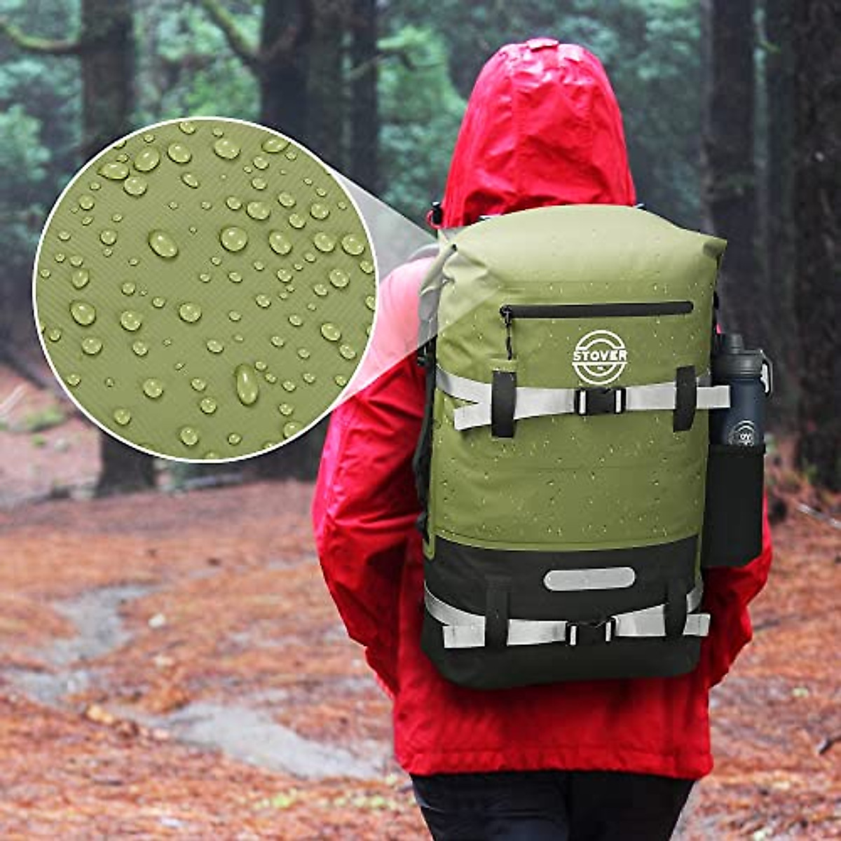 STOVER Waterproof Dry Bag Backpack 35L for Kayaking, Heavy Duty Roll-Top Closure Floating Bag with Front Pocket and Reflective Strip for Outdoor Water Activities (Green)