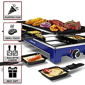 Raclette Grill, Techwood Electric Table Indoor Grill Korean BBQ Grill, Removable 2-in-1 Non-Stick Grill Plate, 1500W Fast Heating with 8 Cheese Melt Pans, Ideal for Parties and Family Fun (Blue)