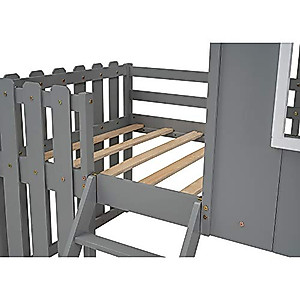 Twin Loft House Bed for Kids, Wooden Loft Beds with Rustic Fence-Shaped Guardrail/Ladder/Window/Roof for Teens Boys & Girls Bedroom (Gray-Loft House Bed)