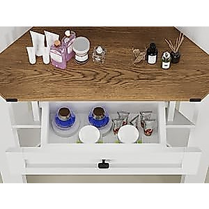 ARTETHYS Small Vanity Desk Set with Mirror and Lights Corner Makeup Table with Drawers for Small Space Farmhouse White Makeup Vanity Table with Storage Stool for Bedroom