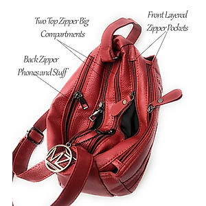 MariaKinz Soft Leather 5 Zipper Pockets Shoulder Purse and Handbag (Red)