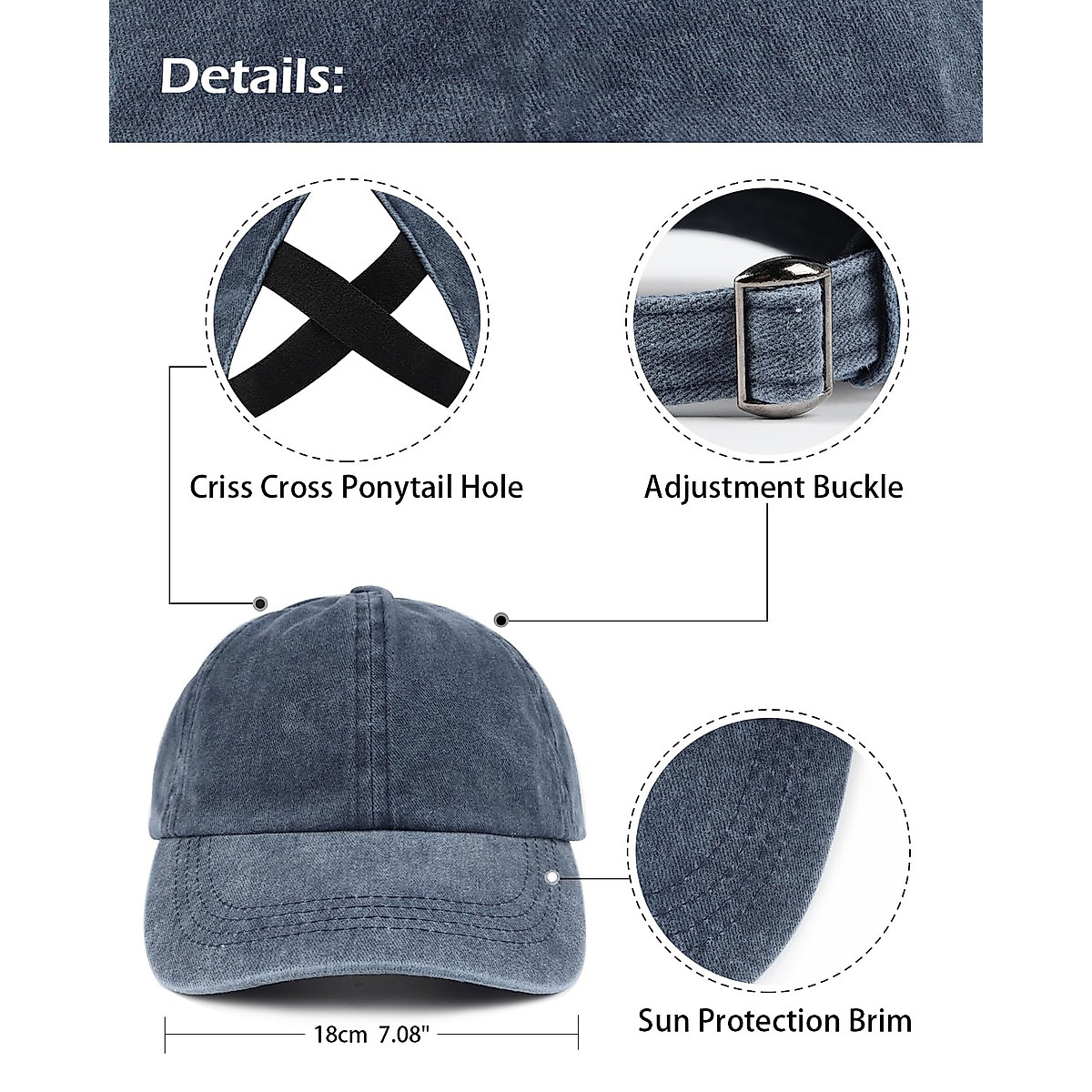 Zylioo XXL Vintage Messy Bun Ponycap,Adjustable Pigment Dyed Ponytail Baseball Hat,Denim Breathable Dad Hats