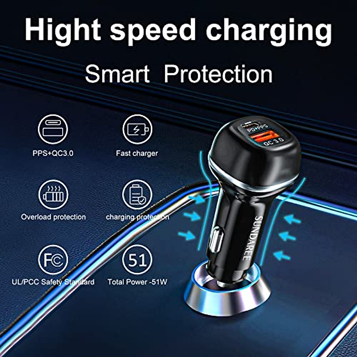 USB C Car Charger Adapter,SUNDAREE 51W Car Charger Fast Charging, PD PPS QC3.0 Fast USB Car Charger Adapter Compatible with iPhone 14 13 12 Pro Max XS, Samsung S22/21/10, Note20/10