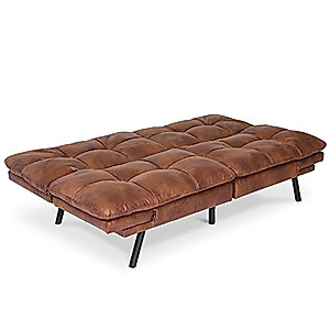 Opoiar Mid-Century Modern Brown Leather Convertible Sectional Loveseat Sofa with Wooden Frame, 3" Memory Foam Cushions, Perfect for Small Spaces / 71", Twin