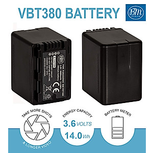 BM Premium 2 VW-VBT380 Batteries and Charger for Panasonic HC-V800K, HC-VX1K, HC-WXF1K, HCV510, HCV520, HC-V550, HCV710, HC-V720, HC-V750, HC-V770, HC-VX870, HC-VX981, HCW580, HC-W850, HC-WXF991