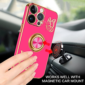 BENTOBEN for iPhone 13 Pro Max Case, Phone Case iPhone 13 Pro Max, Cute Butterfly Plating 360° Ring Holder Kickstand Magnetic Car Mount Supported Soft Bumper Women Men Drop Protective Cover, Hot Pink