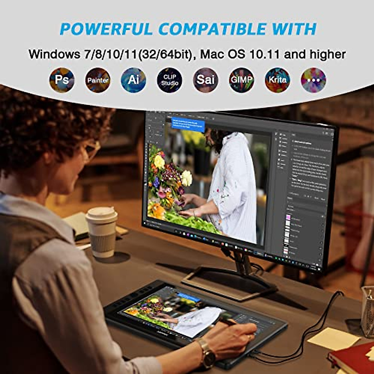 Drawing Tablet with Screen, 15.6'' XOPPOX Graphics Drawing Monitor Pen Display with 1080P Full Laminated Screen,Tilt 8192 Levels Battery-Free Stylus,Adjustable Stand,Compatible for Window/Mac