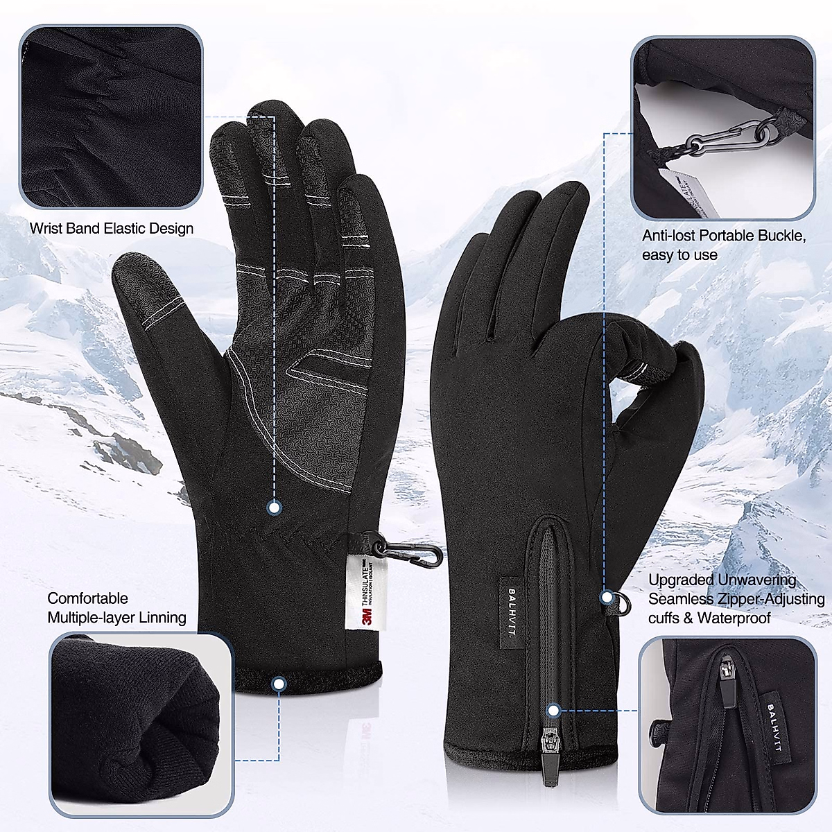 Balhvit -10℉ Waterproof Winter Gloves for Men & Women, Breathable Ski Snow Gloves, 5-Layer Touch Screen Cold Weather Gloves (L, Black)