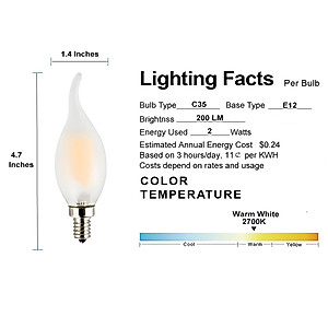 OPALRAY C35 2W(25W Incandescent Equivalent) LED Candelabra Bulb, Dimmable, LED Filament Lamp, Warm White Light 2700K, Frosted Glass Cover, E12 Small Base, Flame Tip, 5-Pack