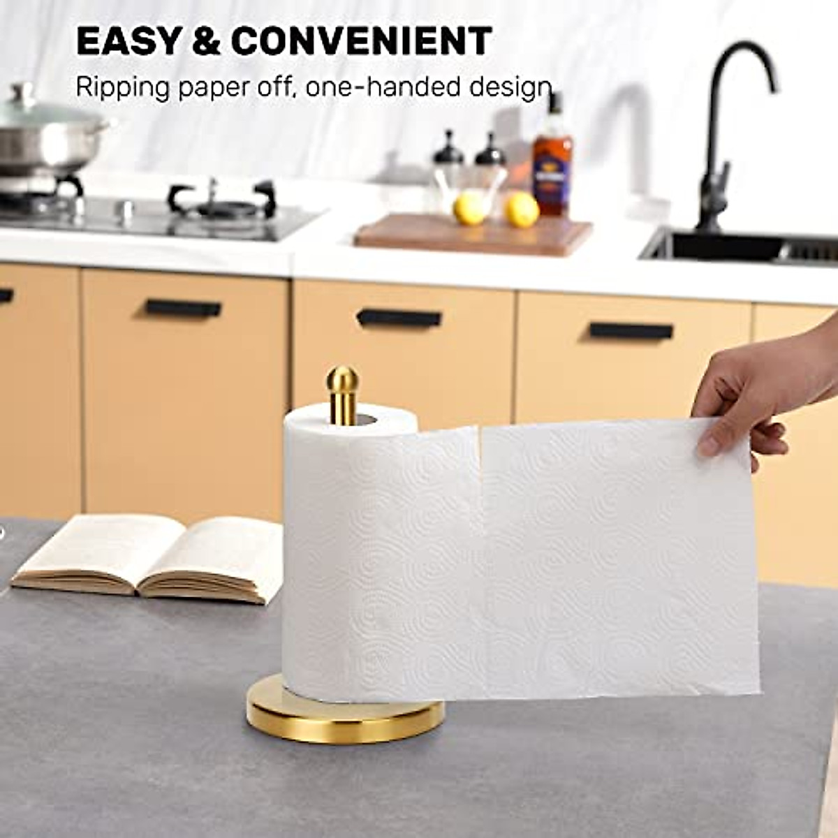Paper Towel Holder Stand with Sturdy Base Fits Standard and Jumbo Sized Paper Towel, Paper Towel Holder Countertop (Gold)