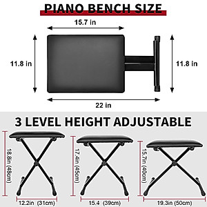 MUZNOTE Piano Bench, Adjustable Keyboard Bench Padded Keyboard Chair Seat X-Style Collapsible, Flame Retardant Cotton, Non-Slip Waterproof Design, Black
