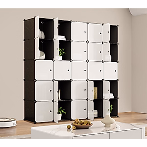 HOMOKUS Portable Storage Cubes,70"x70"x18" Depth Cube Storage Organizer,5x5 Tiers 25 Cubes Shelves,Clothes Storage Shelves with Doors,DIY Closet Cabinet for Home,Office (Black and White)