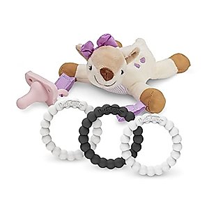 Dr. Brown's Baby Lovey Pacifier Holder & Teether Clip with Pink HappyPaci and Three Flexees Beaded Teether Rings, 100% Silicone
