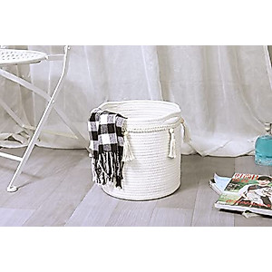 Boho Basket with Cute Macrame Woven Tassel, Cotton Rope Storage Bins Organizer for Boho Room Decor,Bedroom Decor,Plant Basket 11"X11"