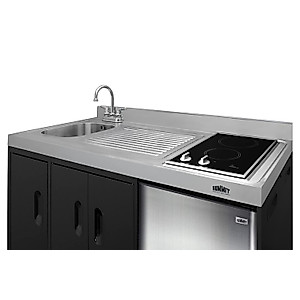 Summit Appliance CK54SINKL 54 Wide All-In-One Kitchenette, Stainless Steel Sink and Faucet, 2-door Refrigerator-freezer, 2-burner Smooth-top Cooktop, Storage Compartments, 115V Operation, Black