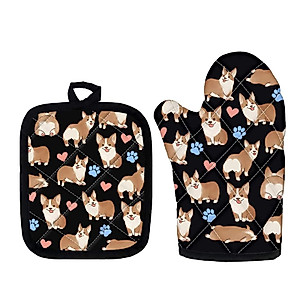 Horeset Cute Corgi Oven Mitts and Pot Holders Sets of 2 for Kitchen Baking Grilling BBQ,Heat Resistant Polyester Hot Pads Non-Slip BBQ Gloves for Women Chef