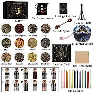 Witchcraft Supplies Kit, 60 PCS Wiccan Supplies and Tools, Include Dried Herb, Crystal Jars, Colored Candles, Witch Bell, Parchment, Witchy Gifts, Witch Starter Kit Altar Supplies Pagan Decor Rituals