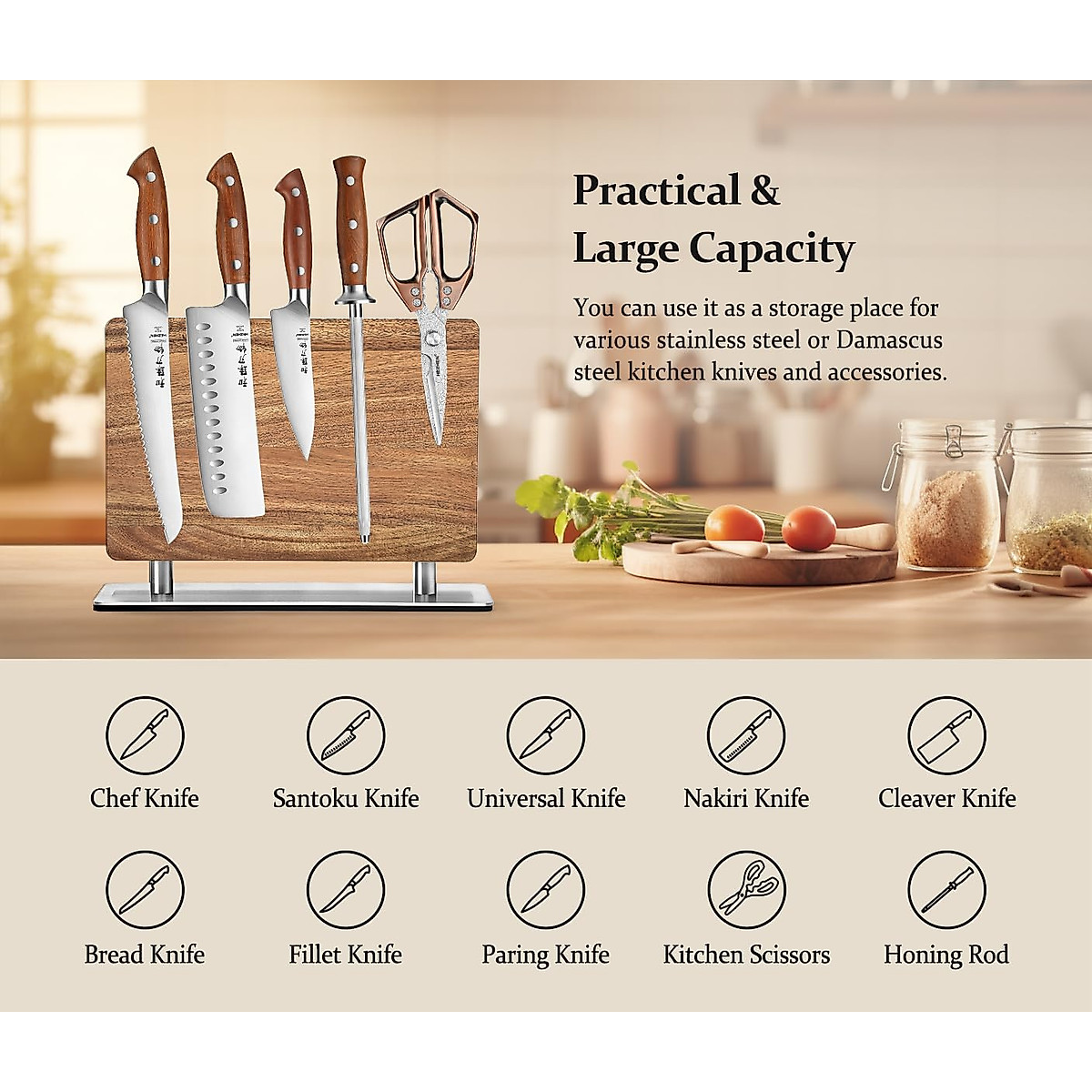 Strong Double Sided Magnetic Knife Block Without Knives, with Acacia Wood+430 Stainless Steel Base，Magnetic Universal Stands with Strong Enhanced Magnets Strip Kitchen Storage Cutlery Large Organizer