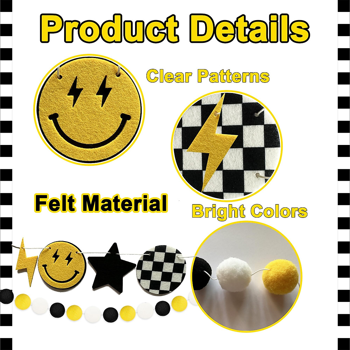 One Happy Dude Banner Garland Pre-Strung - Pack of 3, Lightning Smiley Face Banner, Yellow Black Paper Tassels & Felt Ball Bunting, Great for Baby Shower 1st Birthday Party Decoration Supplies