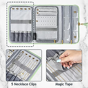 MATEIN Travel Jewelry Organizer Case, Foldable Water-Resistant Soft Leather Jewelry Roll, Women Jewelry Bag for Earrings, Rings, Necklaces, Bracelets, Green