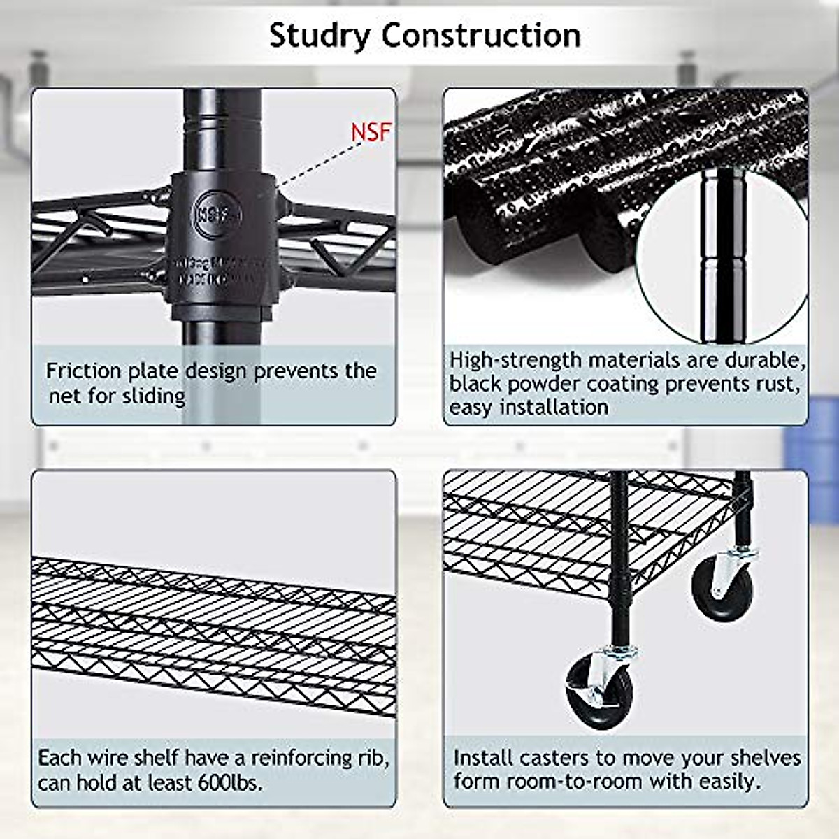 Heavy Duty 6 Tier Wire Shelving Unit Adjustable Storage Rack on Wheels 6000 Lbs Weight Capacity Metal Shelves Space Saving Wire Shelf Multifunctional Garage Shelving for Commercial Storage, Black