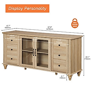 FITUEYES Sideboard Buffet Cabinets with Glass Door, Kitchen Storage Cabinets, Wood Coffee Bar Tables, Accent Sideboard Storage Cabinet Table Dining Room, Living Room,Oak