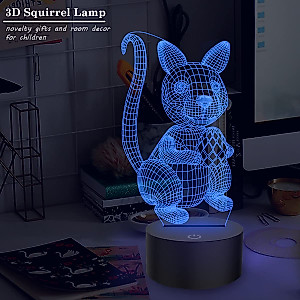 Squirrel 3D Illusion Lamp Touch Sensor LED Night Light 7 Color Changing Nightlight, Children Room Decor Lighting Fixture Toy Gifts for Boys Girls
