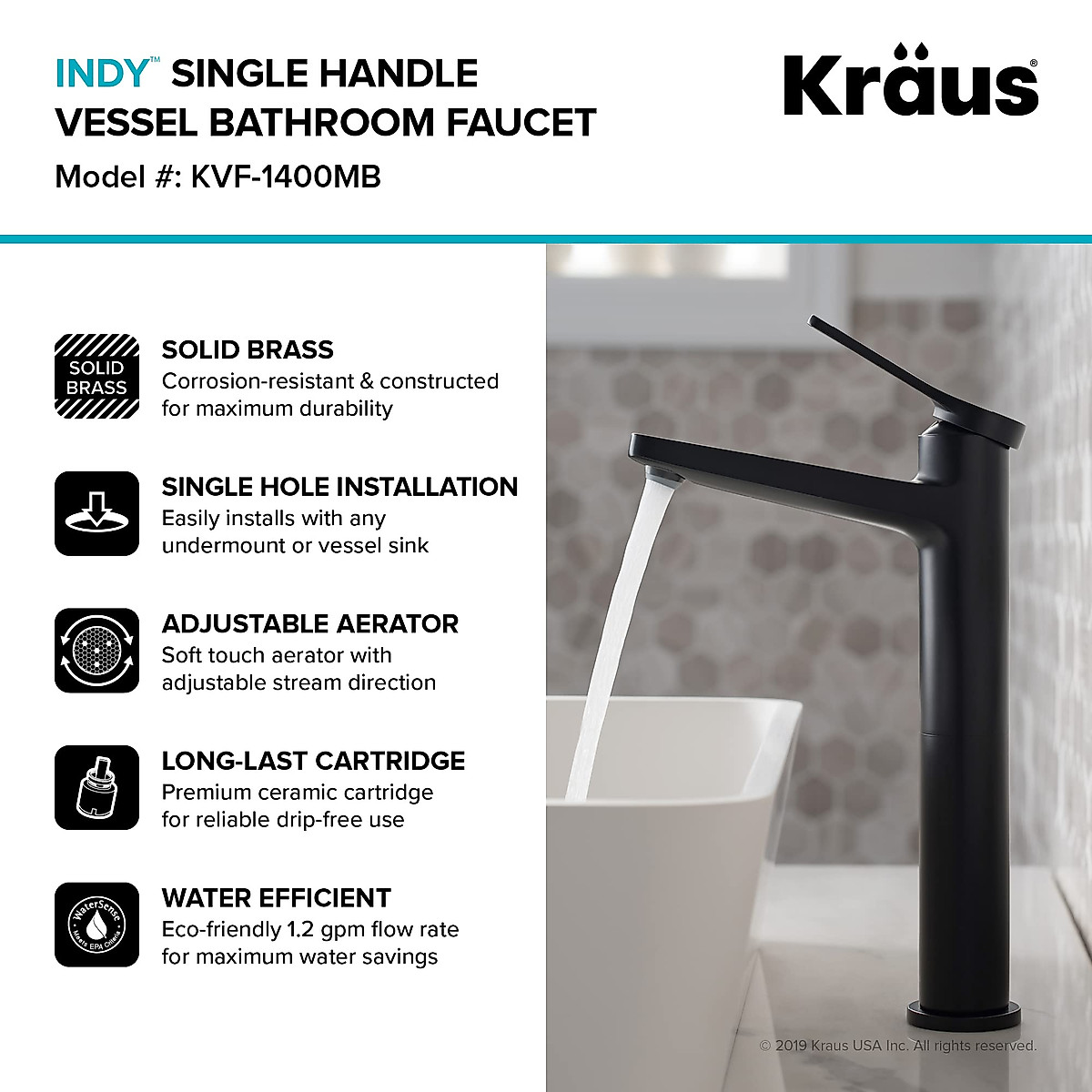 KRAUS Indy Single Handle Vessel Bathroom Faucet in Matte Black, KVF-1400MB