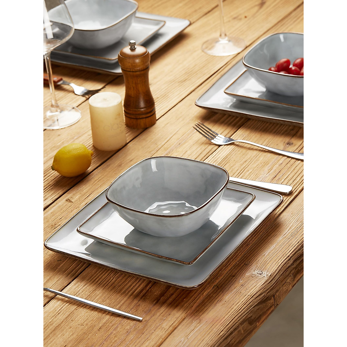Famiware Dinnerware Sets for 4, Ocean Square 12-Piece Kitchen Plates and Bowls Sets, Reactive Glaze, Microwave and Dishwasher Safe, Scratch Resistant, Grey