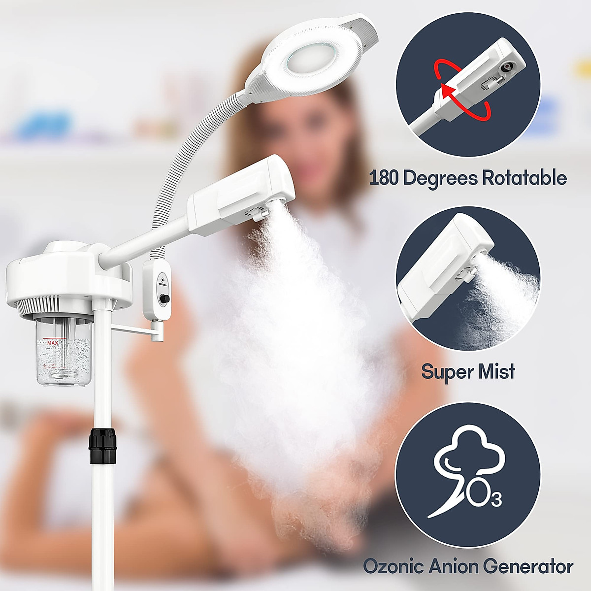 KINGSTEAM Professional Facial Steamer & Magnifying Lamp 2-in-1 Strong Steam Face Steamer with 3X Magnifying Lamp for Salon, Spa, Estheticians, Ozone Steamer for Flawless Skin