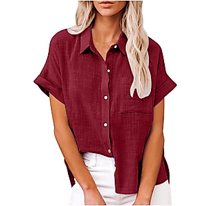 Ceboyel Linen Cotton Blouses for Women Button Down Causal Shirts Solid Color Summer Tops Dressy Work Office Ladies Clothes Oversized Tshirts Wine 3X