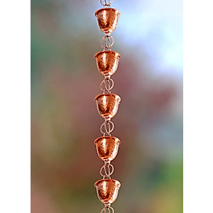 Monarch Rain Chains 26558 Pure Copper Hammered Cup Rain Chain Replacement Downspout for Gutters, 8-1/2 Feet Length